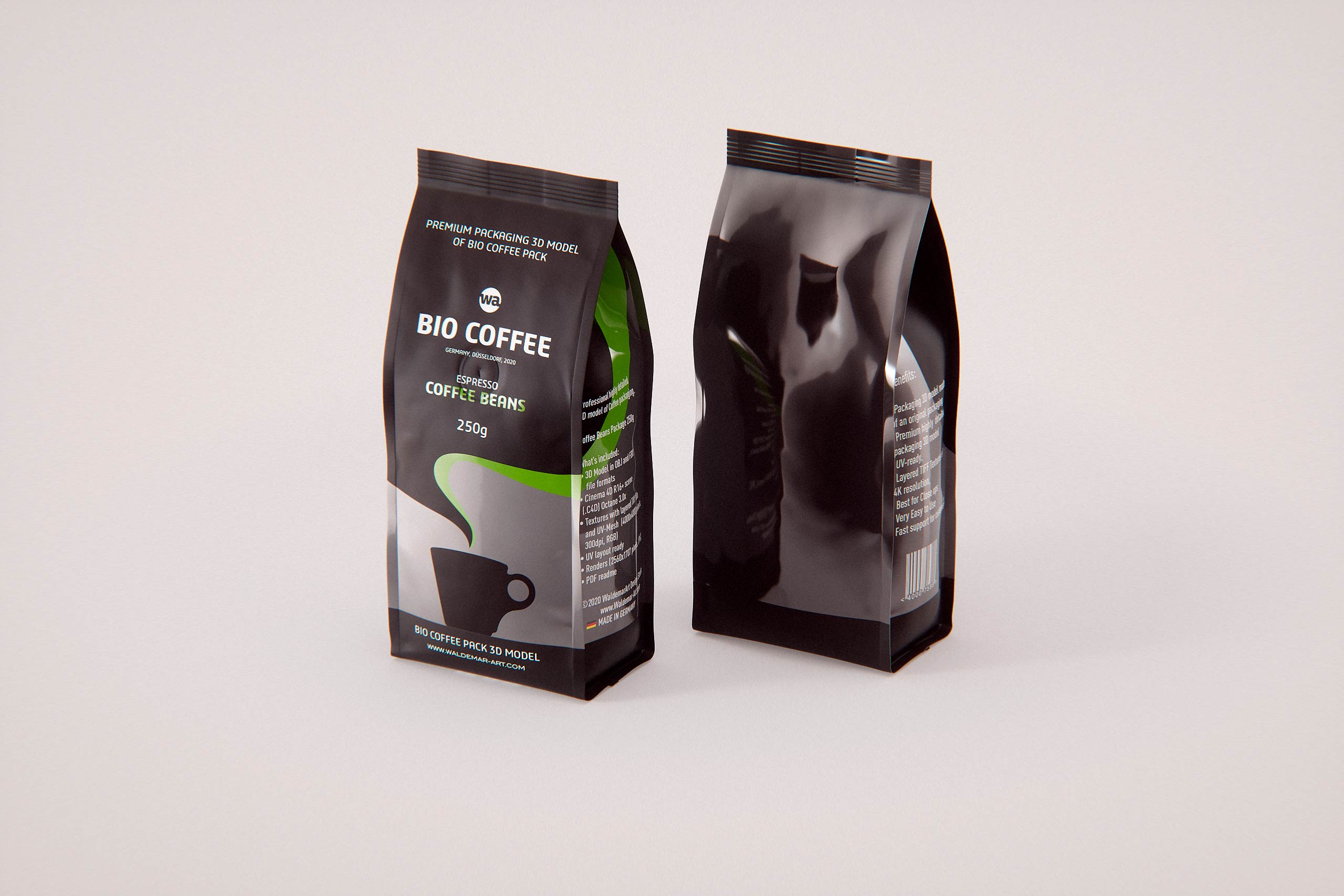 Bio Coffee beans Bag 250g packaging 3d model / WA Design Studio