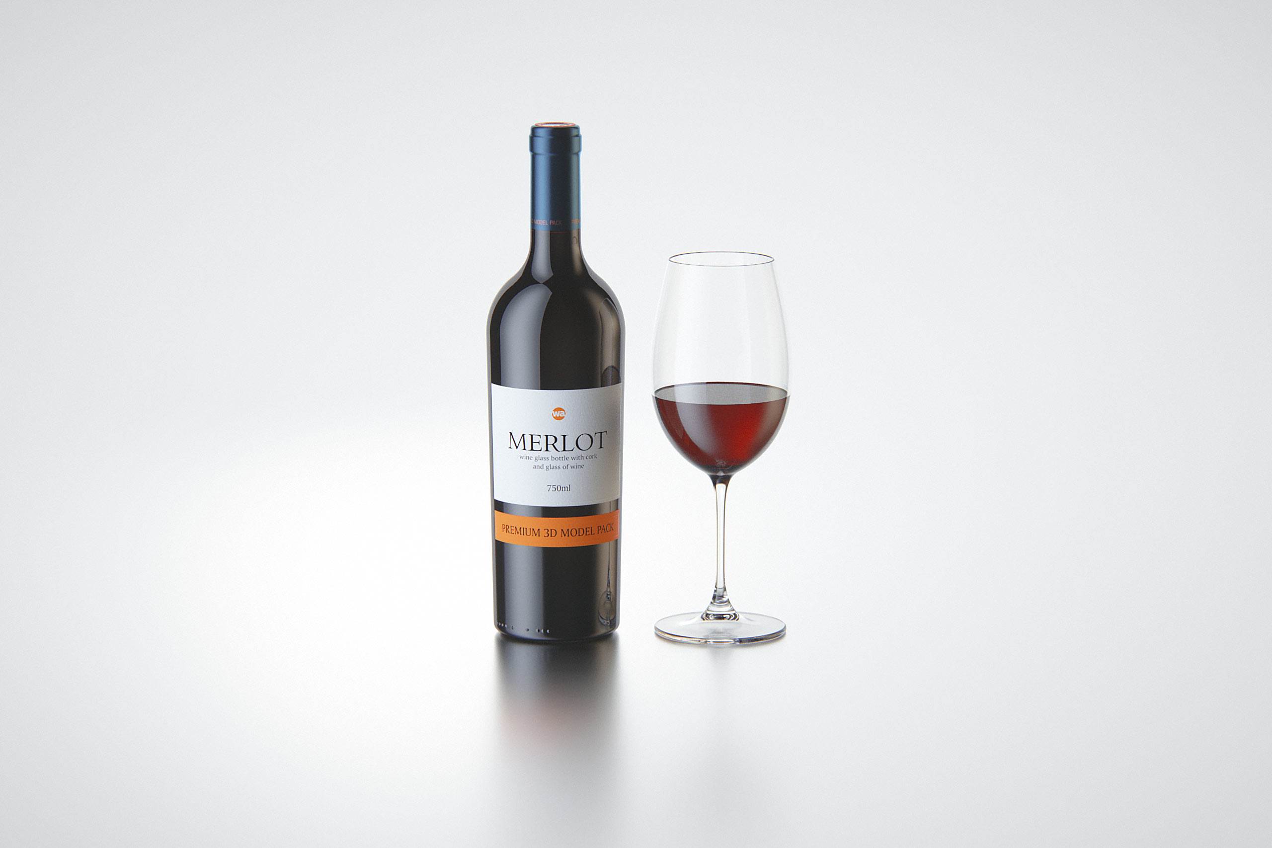 3D model of the Merlot Wine Standard Bottle 750ml with cork and glass ...