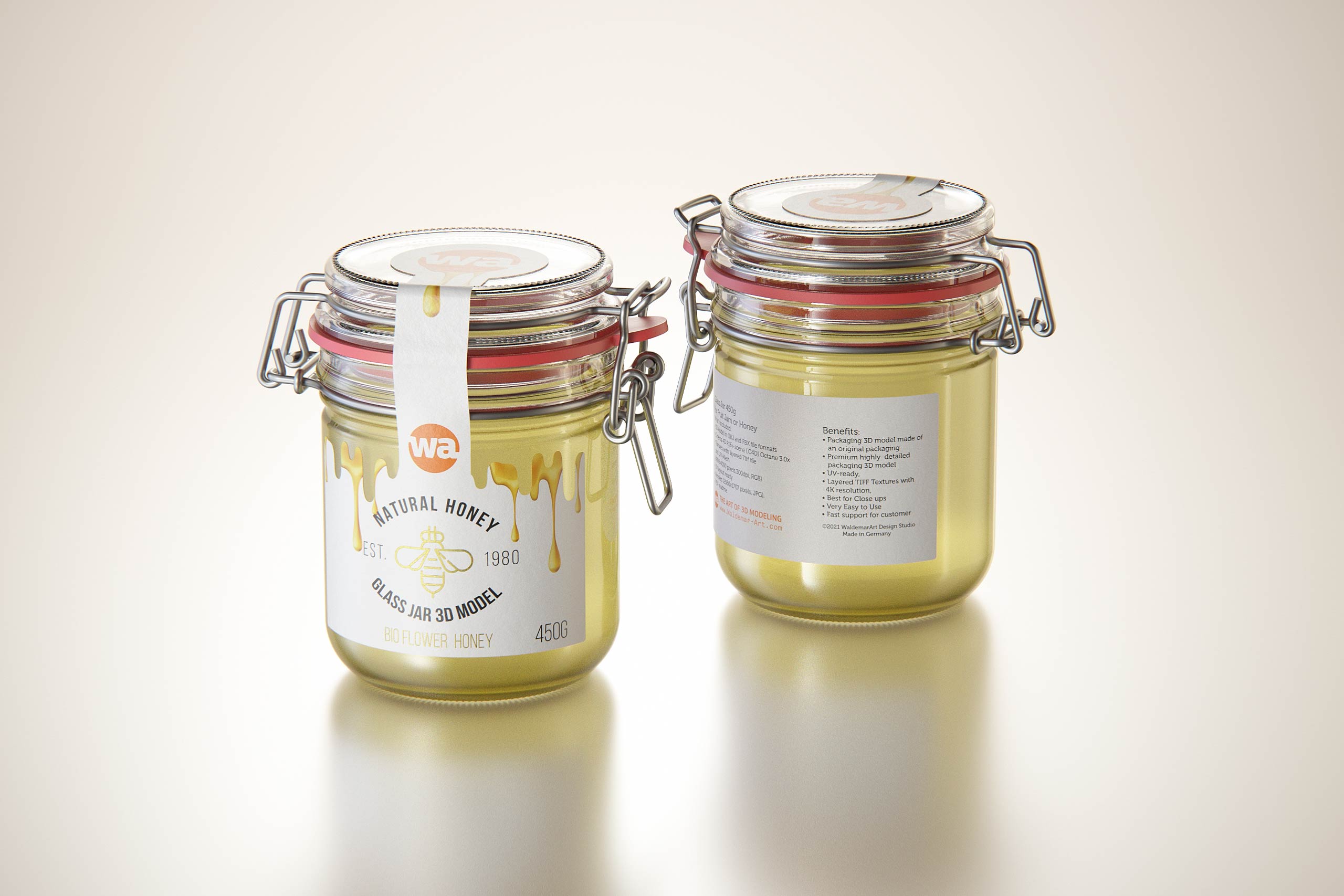 BIO Honey Glass Jar 450g packaging 3D model / WA Design Studio