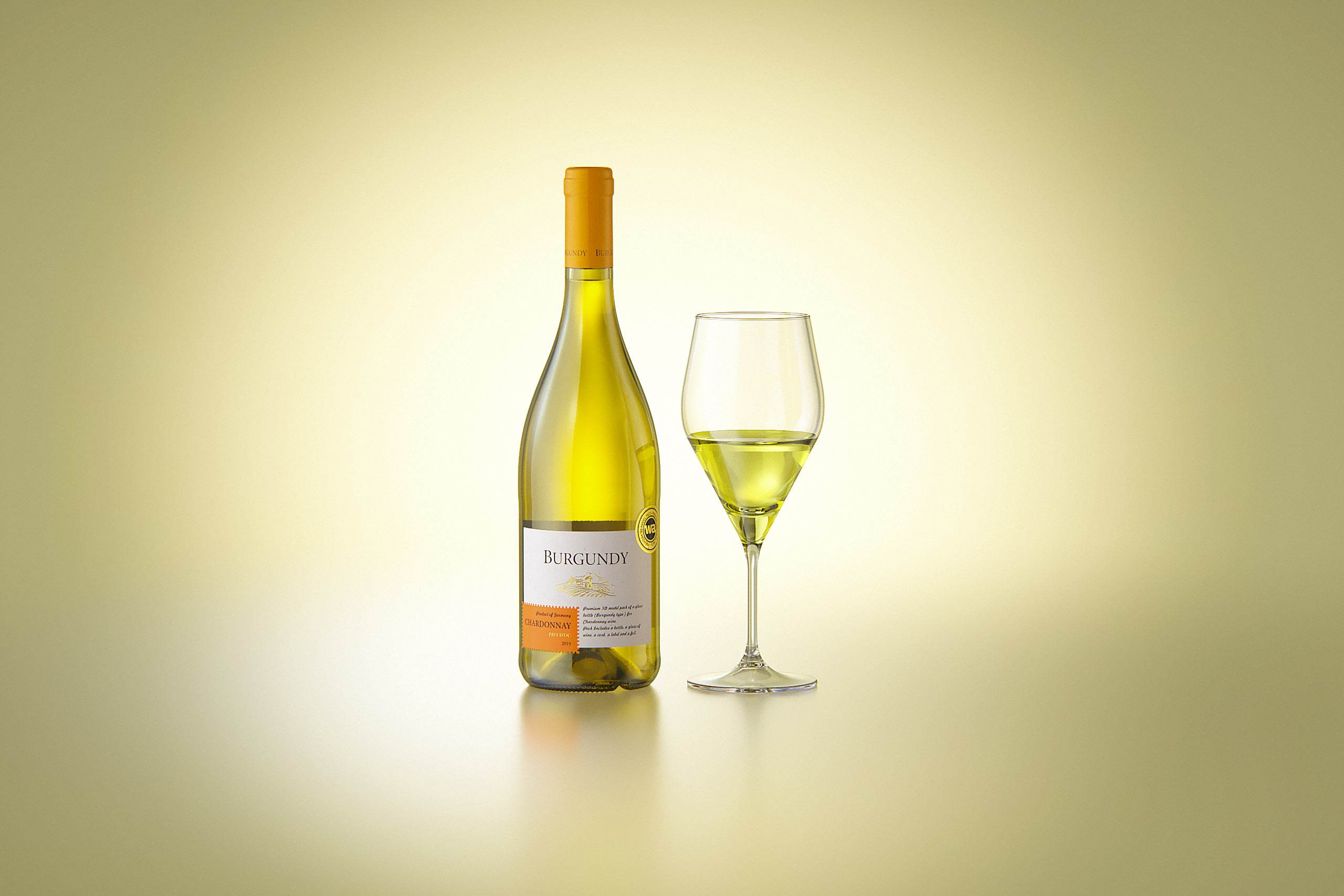 Wine bottle 3D model of Burgundy 750ml for Chardonnay wines with cork ...