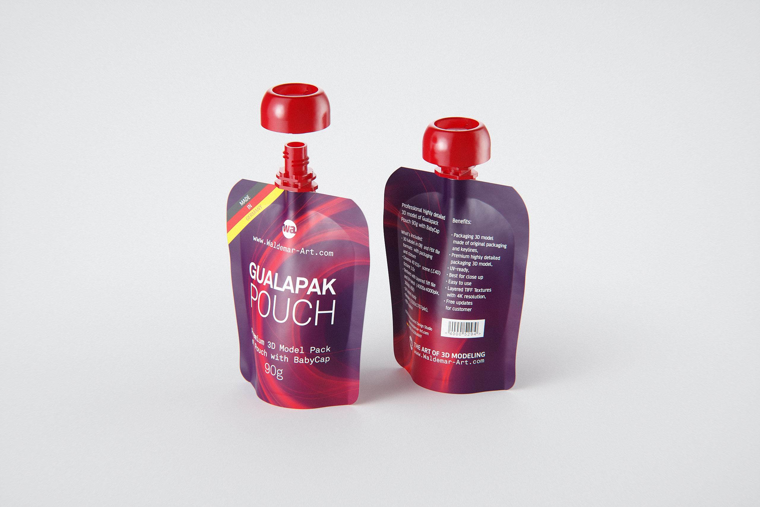 Packaging 3D model of Gualapack Pouch 90g with BabyCap / WA Design Studio