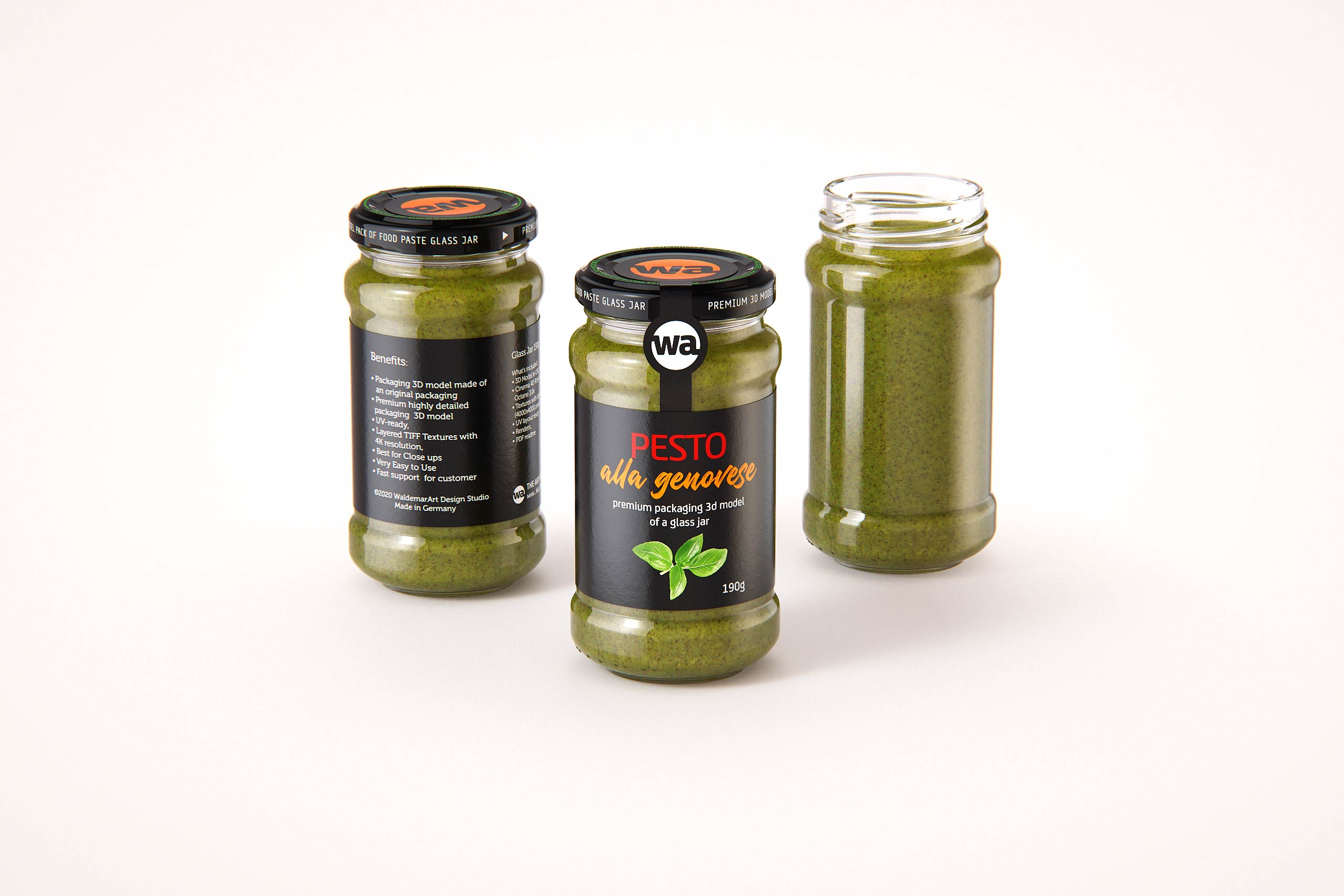 Pesto alla genovese 190g glass jar packaging 3d model / WA Design Studio