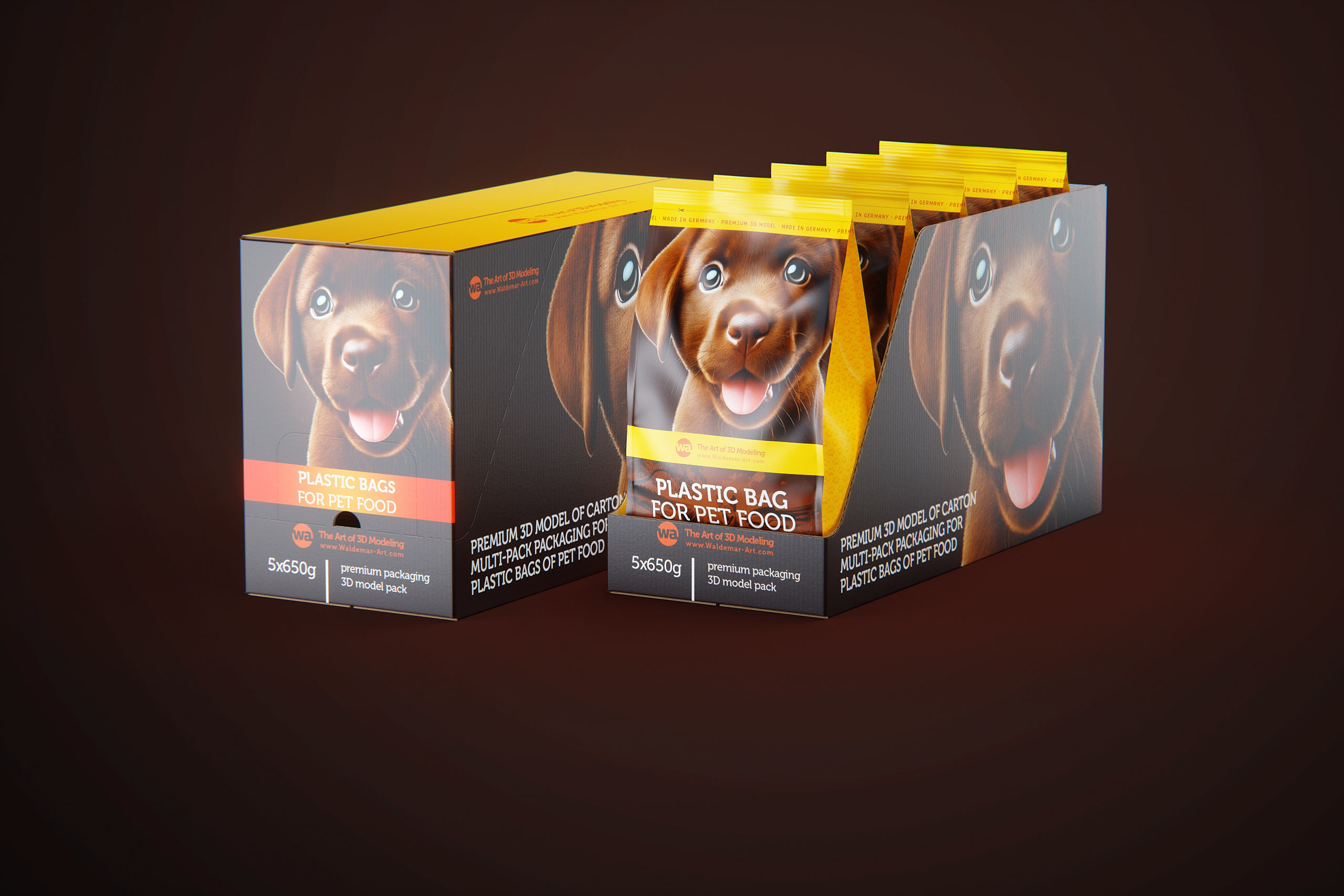 Cardboard multi-pack packaging for 5x650g plastic bags of pet food ...