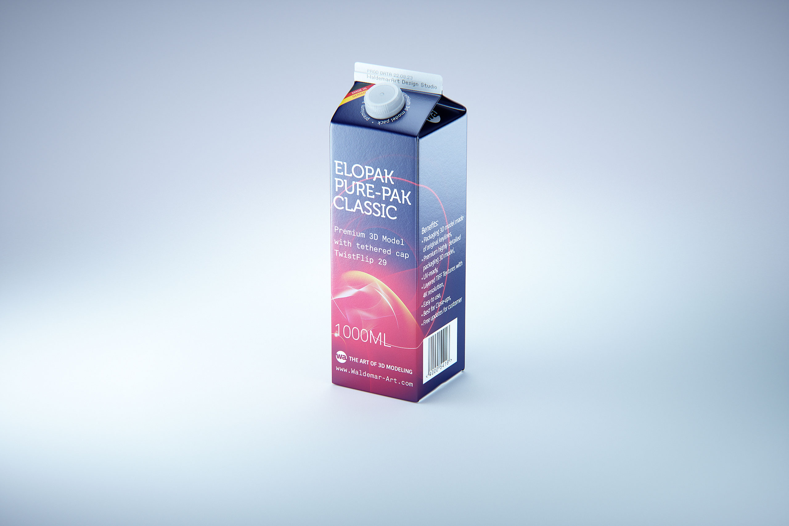 Premium milk packaging 3D model of Elopak Pure-Pak Classic 1000ml with ...