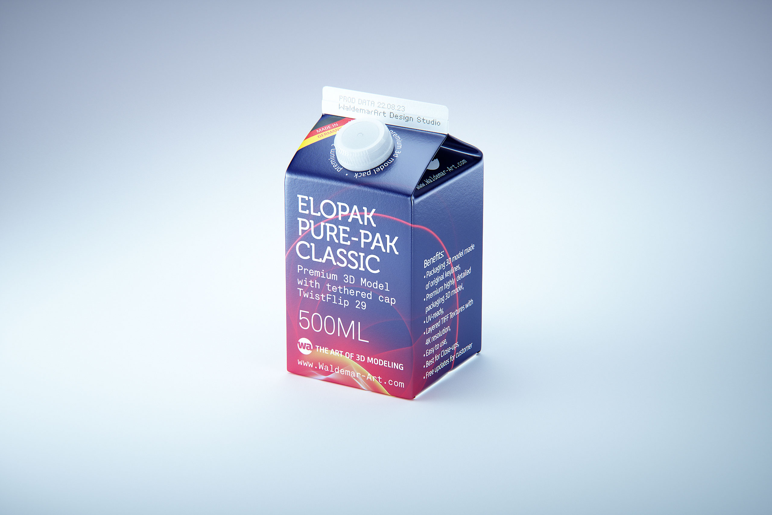 Premium milk packaging 3D model of Elopak Pure-Pak Classic 500ml with ...
