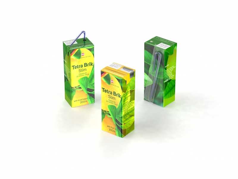 Tetra Pack Brick Slim 200ml with Pull Tab and a packaged straw package ...